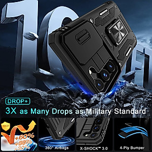 DEERLAMN Case for Samsung Galaxy S23 with Slide Camera Cover+Screen Protector(2 Packs), Rotated Ring Kickstand Military Grade Shockproof Protective Cover-Black