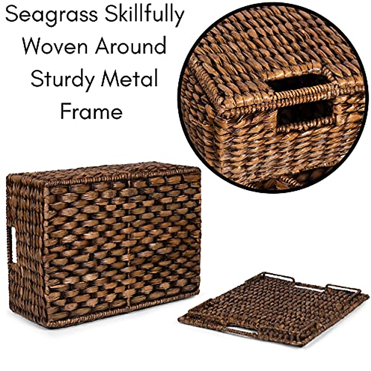 BIRDROCK HOME Seagrass Floor Baskets with Lids - Set of 3 - Brown Wash - Hand Woven Container for Blankets Pillows - Sturdy Metal Frame - Organization - Storage