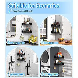 360°Rotating Corner Shower Caddy Shelf With 6 Hooks,2PACK Bathroom Lazy Susan Shower Organizer Corner with 5Pcs Adhesive,Stainless Steel Shower Racks for Inside Shower for Home Apartment Decor(Black）