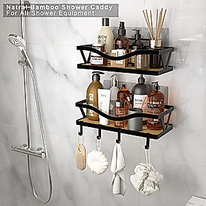 Shower Caddy Organizer, Natural Bamboo Shower Shelves with 4 Hooks, No Drilling Rustproof Stainless Steel Shower Organizer for Inside Shower & kitchen organization and storage, Matte Black, Set of 2