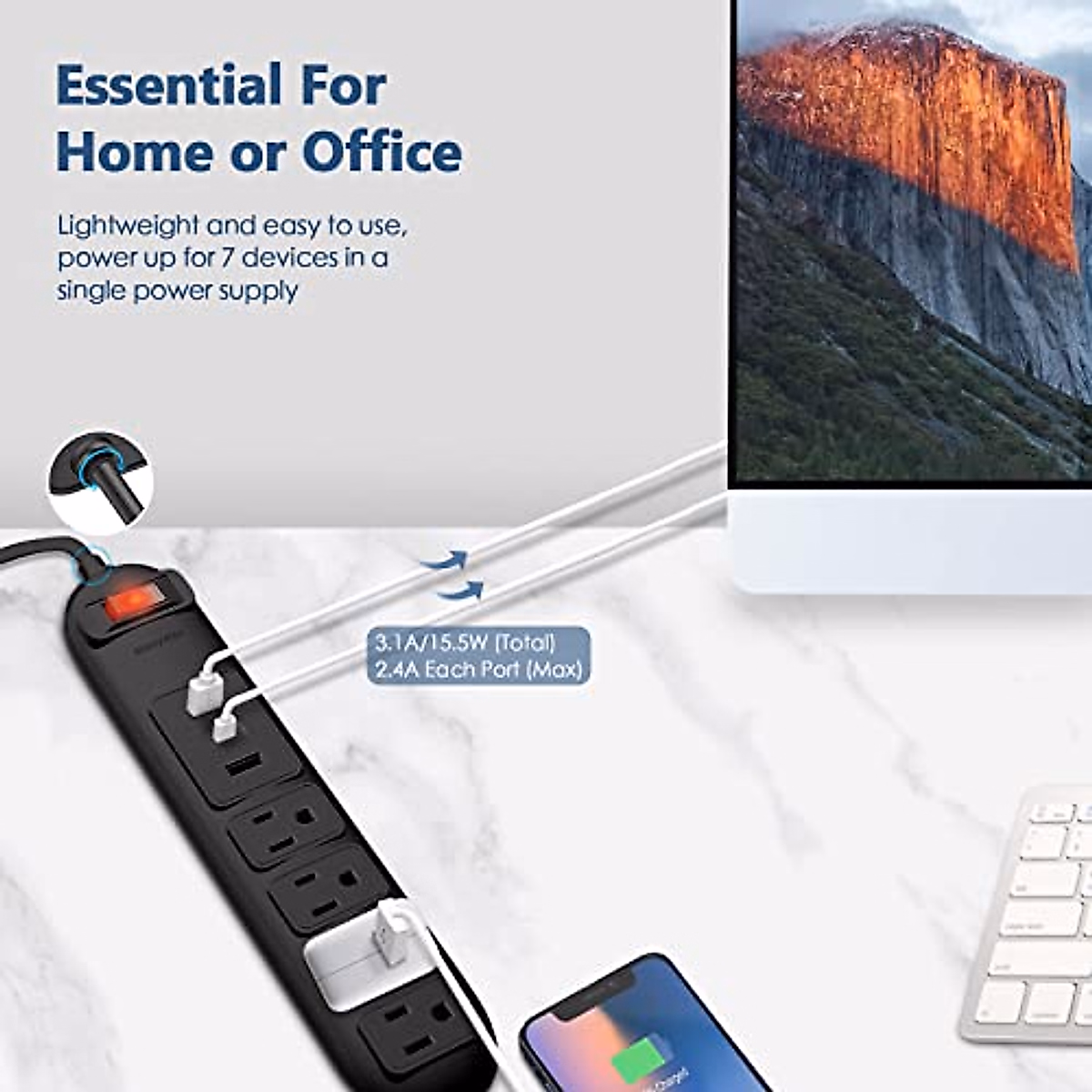 Power Strip with USB C, Manymax Mountable Flat Plug Extension Cord with 4 Widely Spaced Outlets, 3 USB Charging Ports (1 USB C), Wall Mount 6 Feet Extension Cord, for Home Office Hotel-Black (1 Pack)