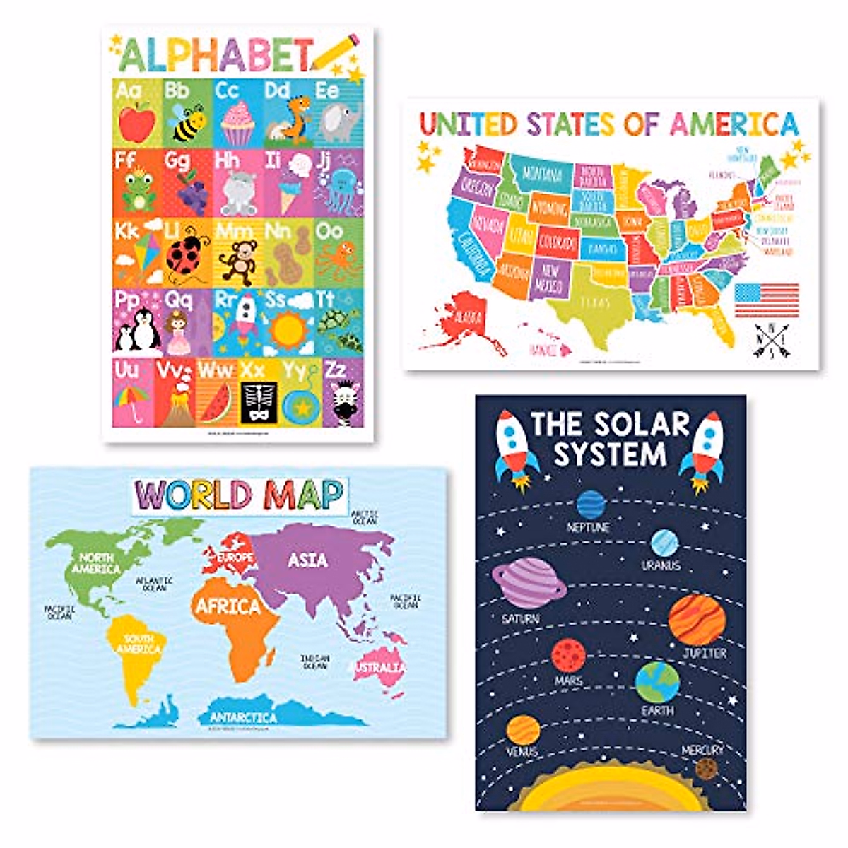 Hadley Designs 4 Alphabet, Map of United States, World Map, Solar System, ABC Posters Toddlers Wall Decor, Planets For Kid, US Map Laminated Kindergarten Classroom Prek Homeschool Supplies 11x17