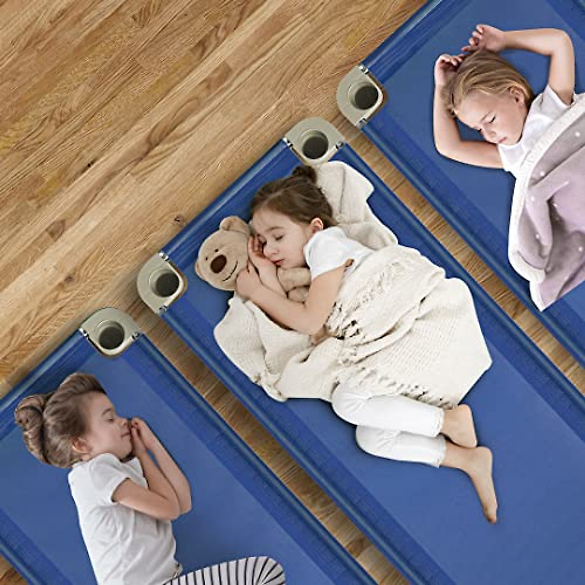 Acrimet Premium Stackable Daycare Nap Cot for Preschool, Naptime for Kids, Classroom Furniture (Stainless Steel Tubes) (Blue Cot Grey Feet) (Pack of 5)