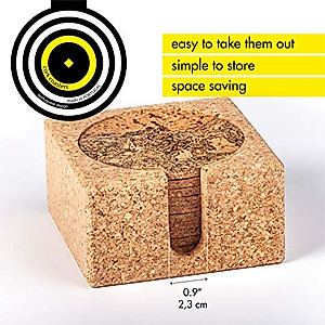 Natural Cork Coasters for Drinks – 10 Absorbent Drink Coasters with Matching Cork Holder That Doubles as a Bottle Coaster to Protect Tables and Countertops