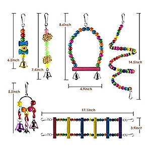 Bird Toys 6Pcs Wooden Hanging Bell with Hammock Climbing Ladders Colorful Pet Bird Swing Toys for Budgerigar, Parakeet, Conure, Cockatiel, Mynah, Love Birds, Finches