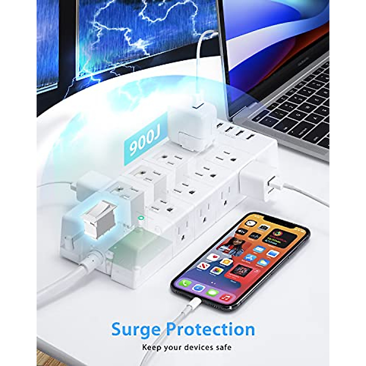 Surge Protector Power Strip 10 ft, Extension Cord with Multiple outlets, 16 Outlets Extender with 4 USB Ports, Large Power Strip with Long Cord, Wall Mountable, Flat Plug for Desktop Office Dorm Room