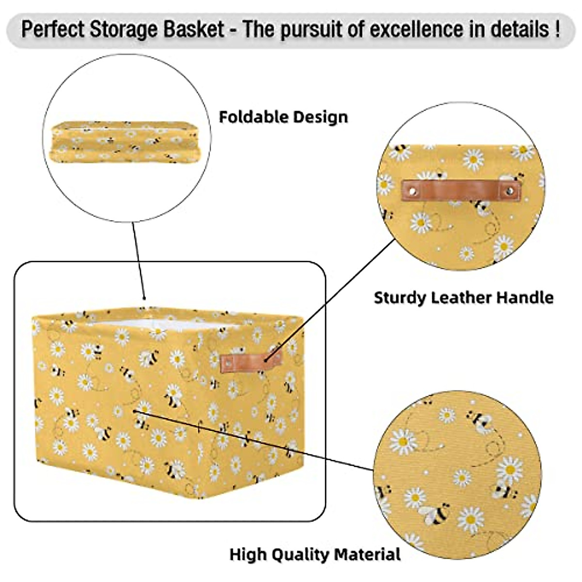 Large Storage Bin Animal Bees Collapsible Storage Basket with Handles,Daisy Flower Laundry Basket Hamper Organizer Foldable Storage Box for Toys Bedroom Kids Room Nursery Dorm Set of 1