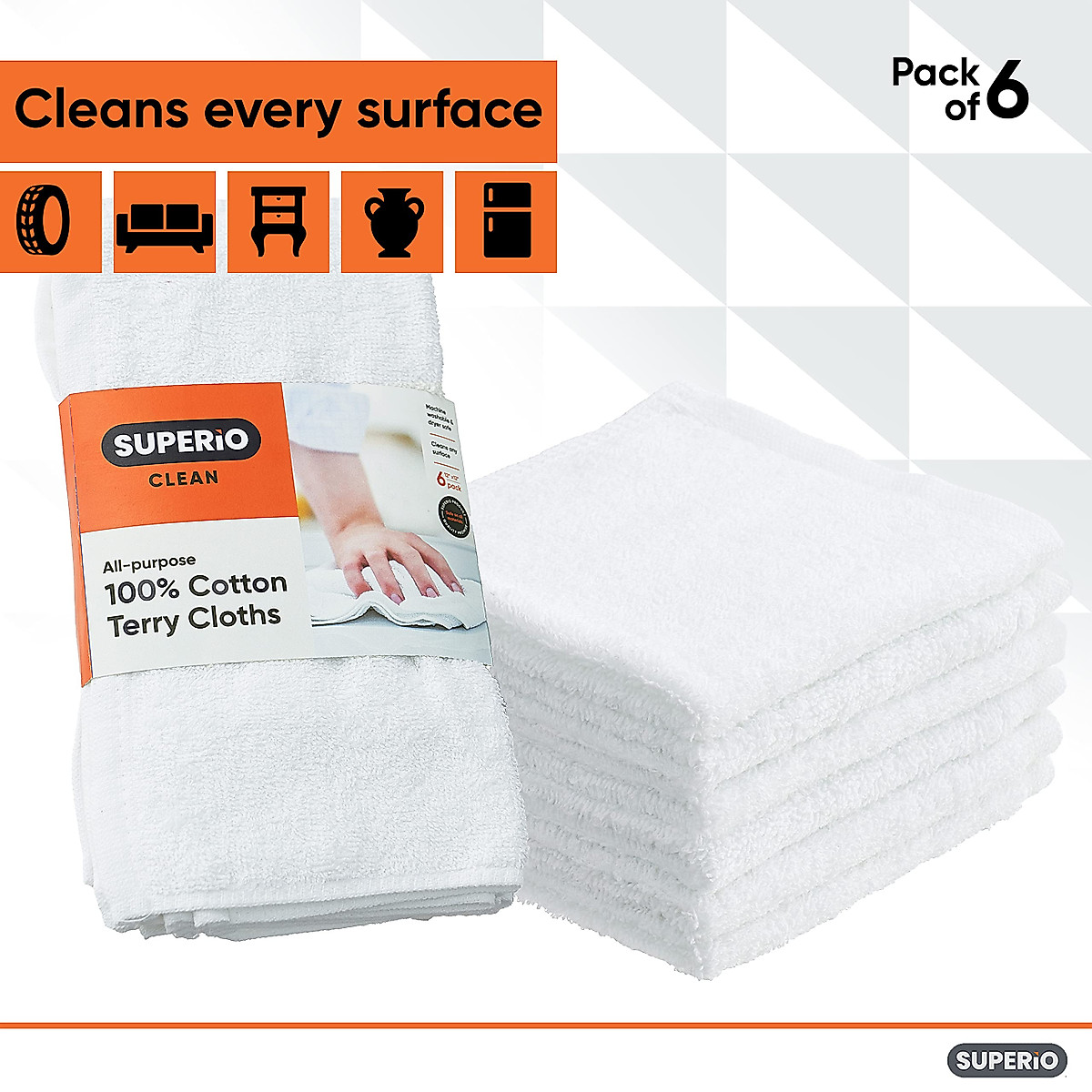 Superio Terry Cloth Rags White Washcloths 100% Cotton 12" Cleaning Cloths, Kitchen Towels, Facial Washcloth, Spa Cloths, Hand Towel, Small Lint Free Rags for Multi-Purposes (6 Pack)