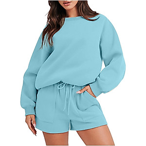 coupons and promo codes for prime Women Loungewear Workout Athletic Tracksuits Long Sleeve Tops Sweatshirt Shorts Casual Suit Sets womens sleep set Light Blue 2X