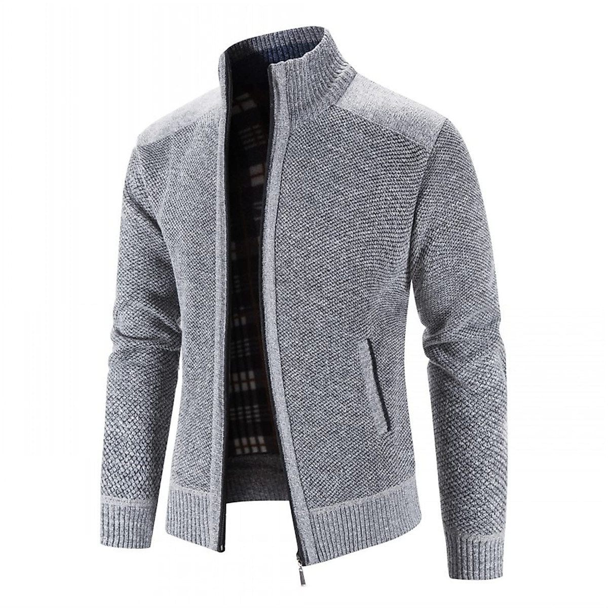 Men's Full Zip Up Cardigan Sweaters Regular Fit Flannel Lining Knitted Cardigans Zipper Thick Knit Sweater Coat (Light Grey,X-Large)