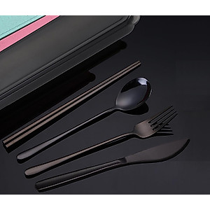 AARAINBOW 6 Pieces 18/8 Stainless Steel Flatware Set Portable Reusable Cutlery Set Travel Utensils Set Including Chopsticks Knife Fork Spoon Straws Cleaning Brush Dishwasher Safe (Black)
