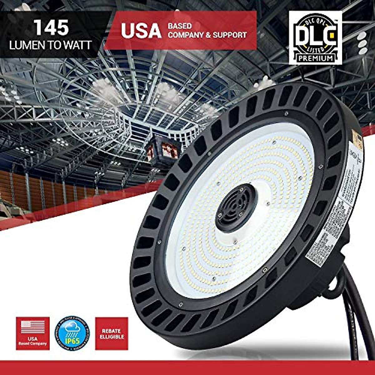 RuggedGrade 40,000 Lumen LED High Bay Light - Titan III 300 Watt LED High Bay Lighting UFO LED Light - Ultra Efficient 150 Lumens to watt - 5000K – Dimmable - DLC Premium