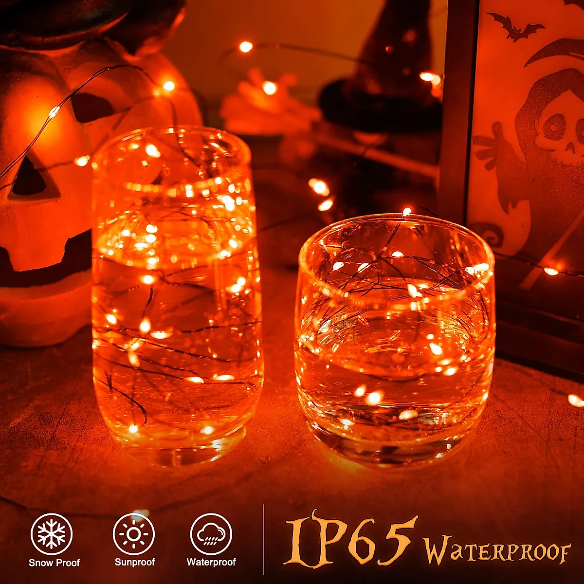 Orange Lights, 2 Packs Each 66 Feet 200 LED Solar Fairy Lights, Halloween Lights Outdoor with 8 Modes, Waterproof Twinkle Fall Lights for Patio Yard Trees Party, Black Wire