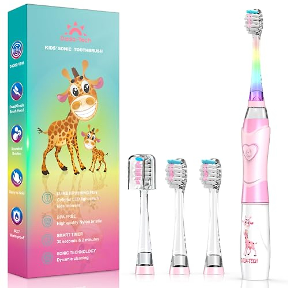 Kids Electric Toothbrush Toddler Toothbrush Age 2-4-8-12 Girls Electric Toothbrush with Timer Rainbow LED Light Up Vibrating Toothbrush Battery Operated Childrens Sonic Tooth Brush (Pink Giraffe)