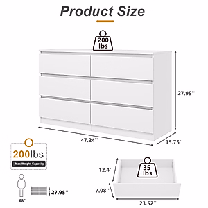 Spaco White Dresser for Bedroom,6 Drawer Dresser,Chest of Drawers & Dresser,Wood Dresser,Dresser Bedroom Furniture,Wide TV Stand Dresser for Nursery,Kid's Room