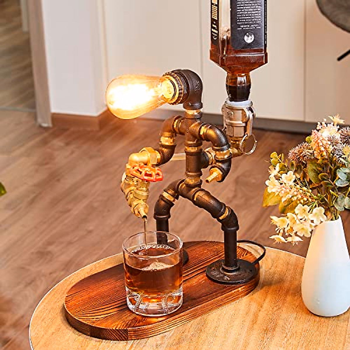 Steampunk Handcrafted Liquor Dispenser - Pipe Robot Lamp, Alcohol Whisky Wine dispenser, Industrial Whiskey Holder, Rustic Style, Man Cave, Decanter Whiskey Gift, Bar Restaurant Cafe - Gifts for Him
