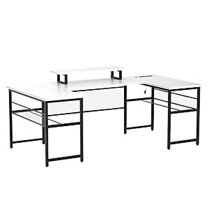Unikito U Shaped Computer Desk with LED Strip and Power Outlets, Reversible Large Office Desk with Monitor Stand and Storage Shelves, 2 Person L Shaped Gaming Table, 83 Inch U Shape Corner Desk, White