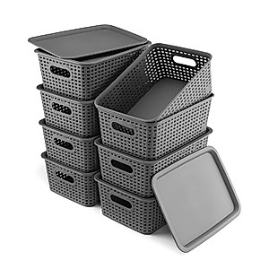 EOENVIVS Storage Bins with Lids 8 Packs Small Plastic Storage Basket Organizer Bins Pantry Organization and Storage Container for Organizing Shelves Desktop Closet Playroom Classroom Office, Grey