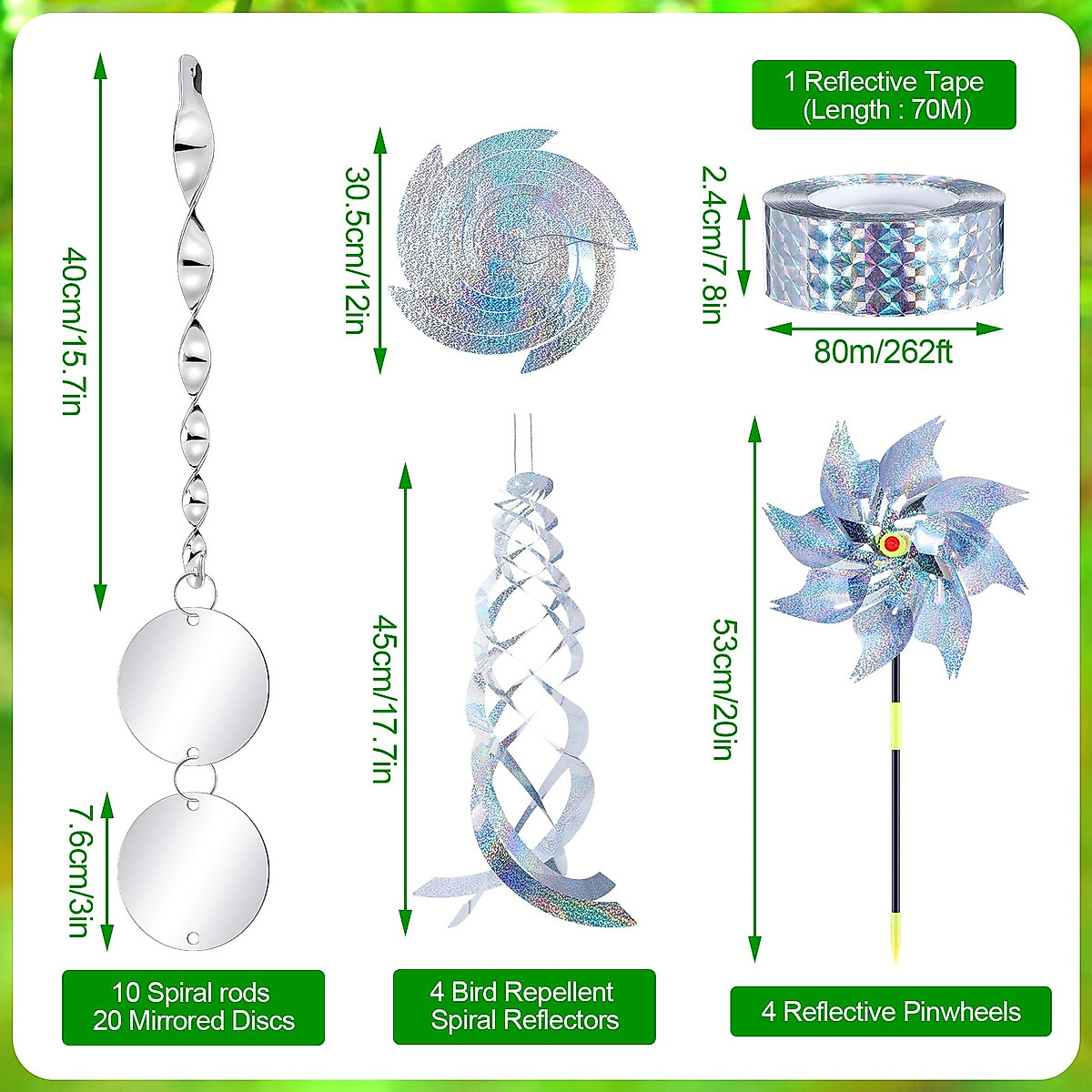 Nitial 39 Pcs Bird Deterrent Devices Outdoor Set 10 Bird Reflective Rods 20 Double Sided Bird Reflector 4 Reflective Pinwheels with Stakes 4 Bird Spiral Reflectors 1 Bird Scare Tape for Yard