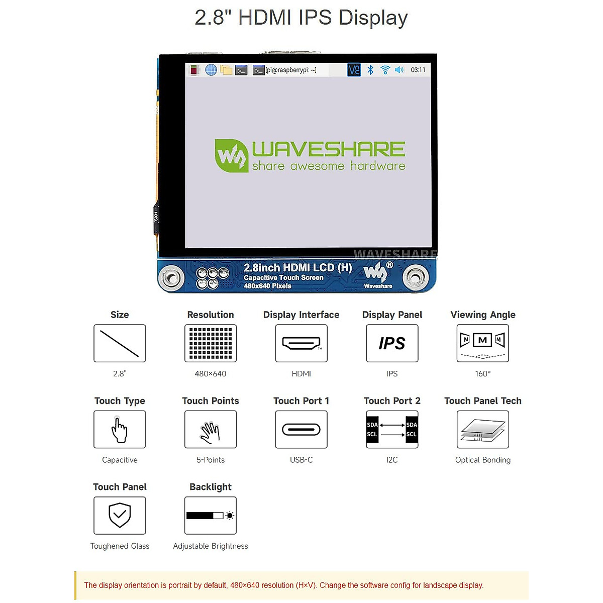 Waveshare 2.8inch HDMI IPS LCD Display, Compatible with Raspberry Pi 5/4B/3B/Zero/Zero W/Zero 2W/Pico/Pico W/Pico WH, 480×640 Resolution Supports Jerson Nano/Windows