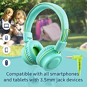POWMEE M2 Kids Headphones Wired Headphone for Kids,Foldable Adjustable Stereo Tangle-Free,3.5MM Jack Wire Cord On-Ear Headphone for Children/Teens/Girls/Boys/School/Kindle/Airplane/Plane/ (Mint Green)