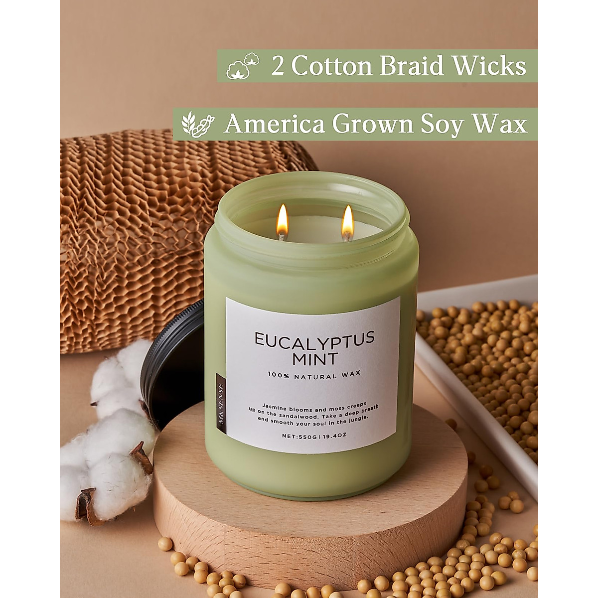 M&SENSE Eucalyptus & Mint Candles for Home Scented, 19.4oz 110 Hours Burn Soy Aromatherapy Candle Gift for Stress Relief, Meditation, Yoga, Relaxing SPA, Natural Jar Candles for Men and Women