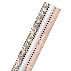 Hallmark Premium Wrapping Paper with Cut Lines on Reverse (3 Rolls: 85 sq. ft. ttl) Gold Hearts, Rose Flowers, White Stripes for Birthdays, Weddings, Mother's Day, Valentine's Day, Bridal Showers