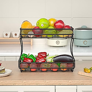 iNUREYE 2 Tier Fruit Basket for Counter, Metal Fruit Basket Stand Detachable Fruit Holder Bread Vegetable Storage Basket Square Fruit Bowl for Kitchen Counter Dining Table