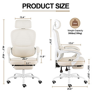 BOWTHY Ergonomic Office Chair with Footrest,Mesh Home Office Desk Chair with Adjustable Lumbar Support & Headrest,90-135 Comfy Reclining Chair,High Back Computer Executive Chair,360 Swivel Task Chair