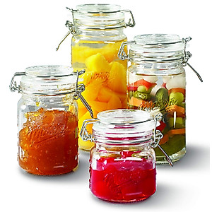 Mason Craft & More Airtight Kitchen Food Storage Clear Glass Clamp Jars, 4 Piece Mini Clamp Preserving Jar Set (7oz, 12oz, 17oz, and 22oz), (TTU-V1523)