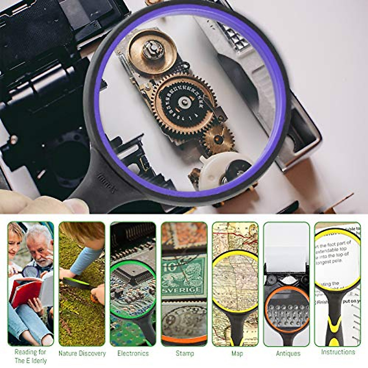 MODOWEY 4Pcs Magnifying Glass, 10X Magnifying Glass Handheld for Kids Seniors, 75mm Magnify Glasses Lens Non-Slip Soft Handle Page Magnifier for Reading, Explorin, Crafts, Plant, Science