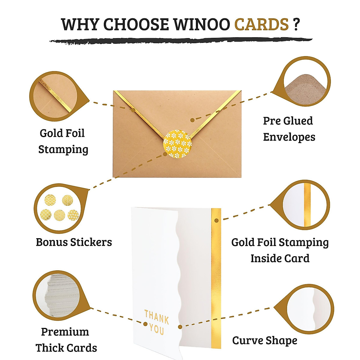 Winoo Design Luxury Thank You Cards with Envelopes - 20PK Gold Thank You Notes 4x6 Inches Baby Shower Thank You Cards Wedding Thank You Cards Small Business Graduation Funeral Bridal Shower