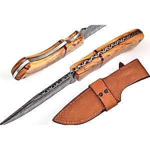 BG Knives Handmade Damascus Steel Hunting Fixed Blade Knife With Leather Sheath, Olive Wood Handle - 9.75" Length Full Tang Multipurpose Knife K-152