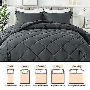 HYLEORY King Size Comforter Set with 2 Pillow Shams - Down Alternative Bed Comforters Bedding Sets for All Season - Lightweight - Machine Washable - Dark Grey