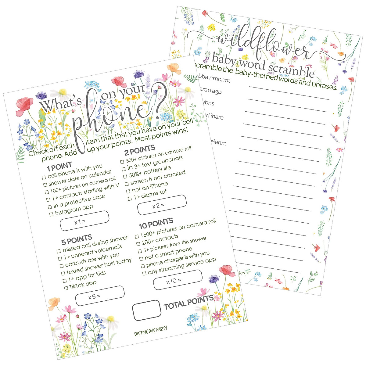 Little Wildflower Girl Baby Shower Party Games - What's On Your Phone and Word Scramble (2 Game Bundle) - 20 Dual Sided Cards - Baby in Bloom Party Supplies