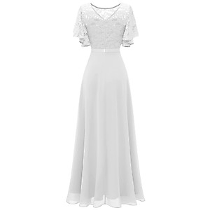 DRESSTELLS Chiffon Formal Wedding Guest Dresses for Women, Romantic V-Back Short Sleeve Maxi Bridesmaid Prom Party Evening Cocktail Dress for Teens, 2025 Spring, White S