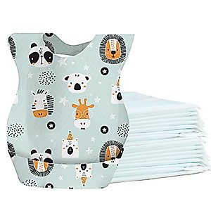 Cosermart Disposable Baby Bibs 50pcs Disposable Travel Feeding Bibs with Food Catcher, Waterproof Individual Packed Eating Bibs For Kids Toddler Infant(Animal)