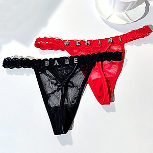 Women Custom G-String Thongs Crystal Name Lace Thong Customized Letter Panties Transparent Low Waist Briefs Underpants (Red)
