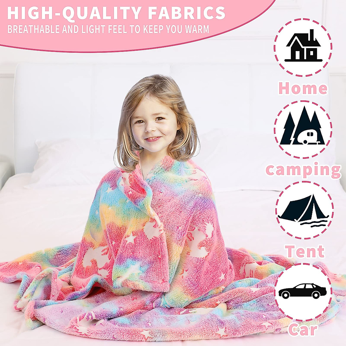 Glow in The Dark Blanket Unicorn Gifts for Kids Girls Teen Birthday Christmas Halloween Present Light Up Rainbow Unicorn Toy Bedroom Bed Decor Fun Soft Fluffy Plush Glowing Throw Pink 50"x60"