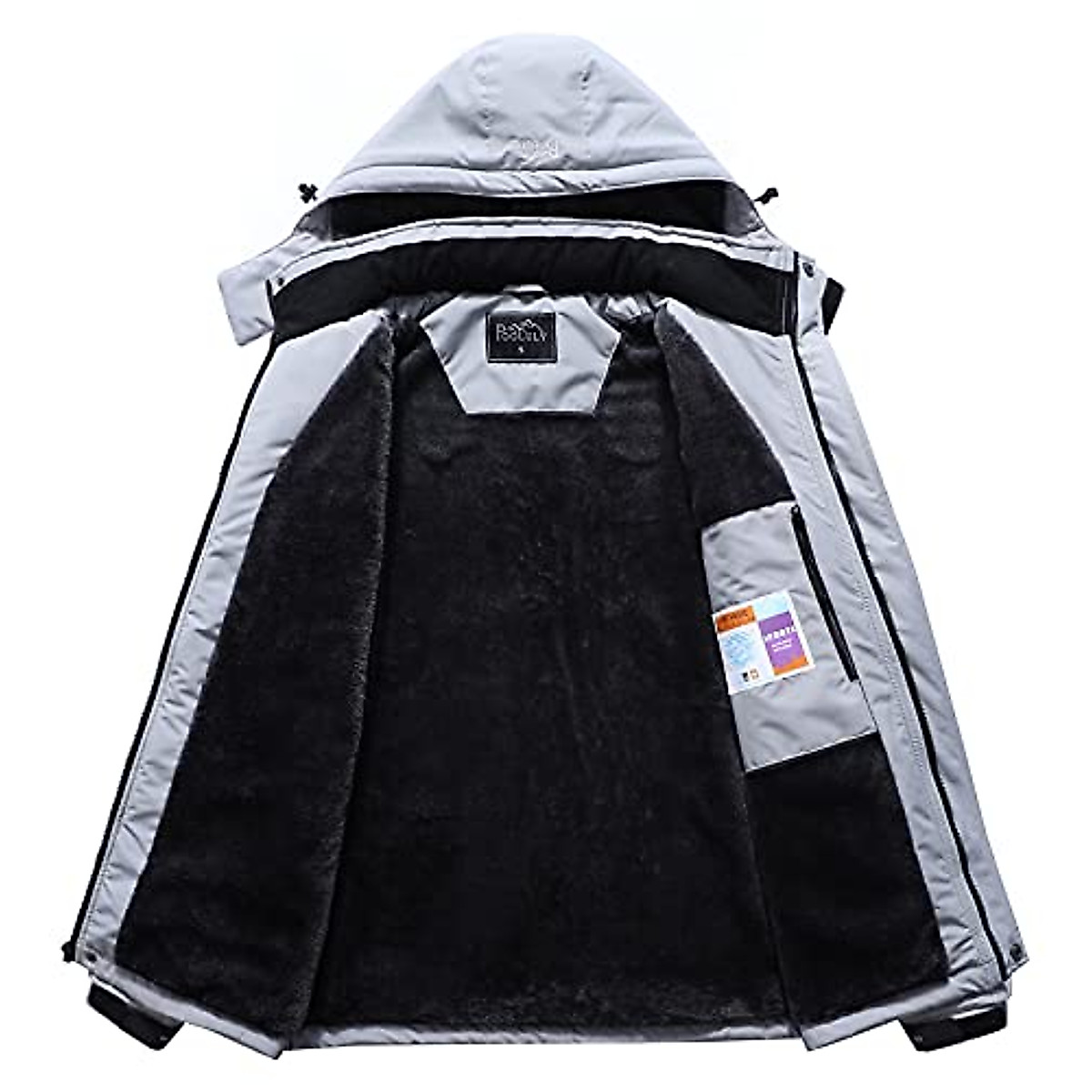 Pooluly Men's Ski Jacket Warm Winter Waterproof Windbreaker Hooded Raincoat Snowboarding Jackets Light Gray-2XL