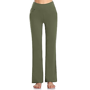 MOVE BEYOND Buttery Soft Women's Bootcut Yoga Pants with 4 Pockets Tummy Control Workout Bootleg Work Pants, Green, M