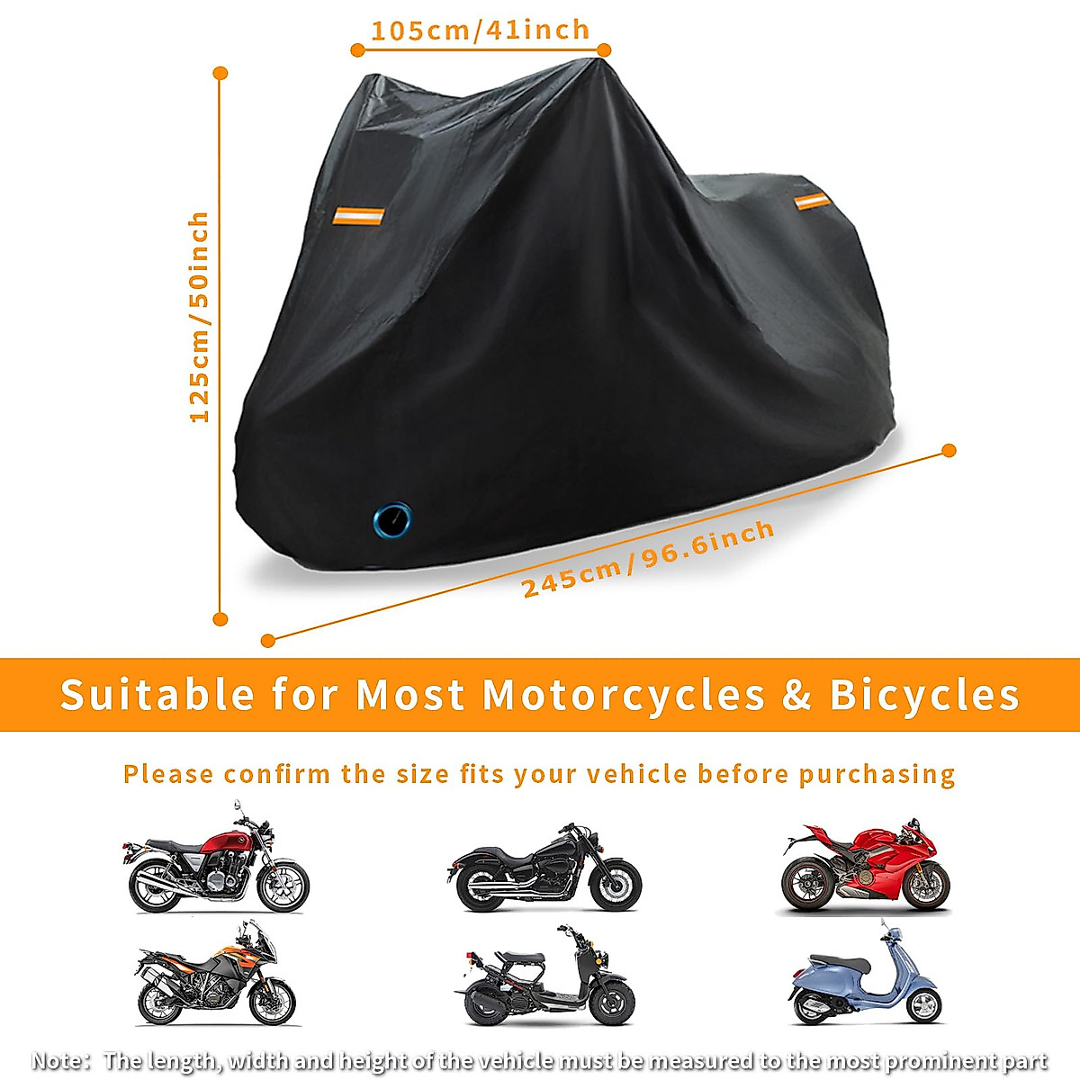 DKMOTORK Motorcycle Bike Scooter Cover All Season Waterproof Breathable Sun Outdoor Protection Three Reflective Tape with Lock-Holes & Storage Bag Universal (96.6''x41''x50'', Black)