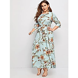 WDIRARA Women's Plus Size Floral Print Round Neck Belted A Line Flared Dress Mint Green 1XL