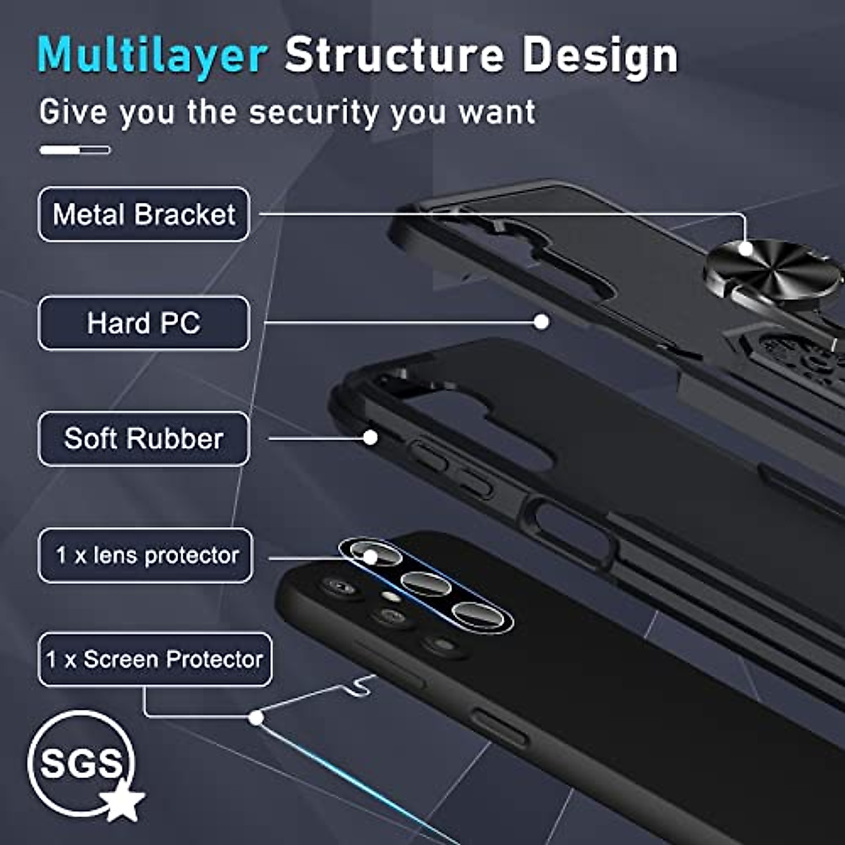 For Samsung Galaxy A14 5G Case with Screen Protector+Camera Lens Protector,Heavy Duty Shockproof Full Body Protective Phone Cover,Built in Rotatable Magnetic Ring Holder Kickstand,2023 Black Matte