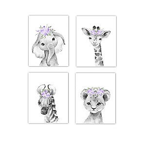 Baby Girl Nursery Wall Art Purple Floral Crown Safari Animals Elephant Giraffe Lion Zebra Decor 4 UNFRAMED PRINTS