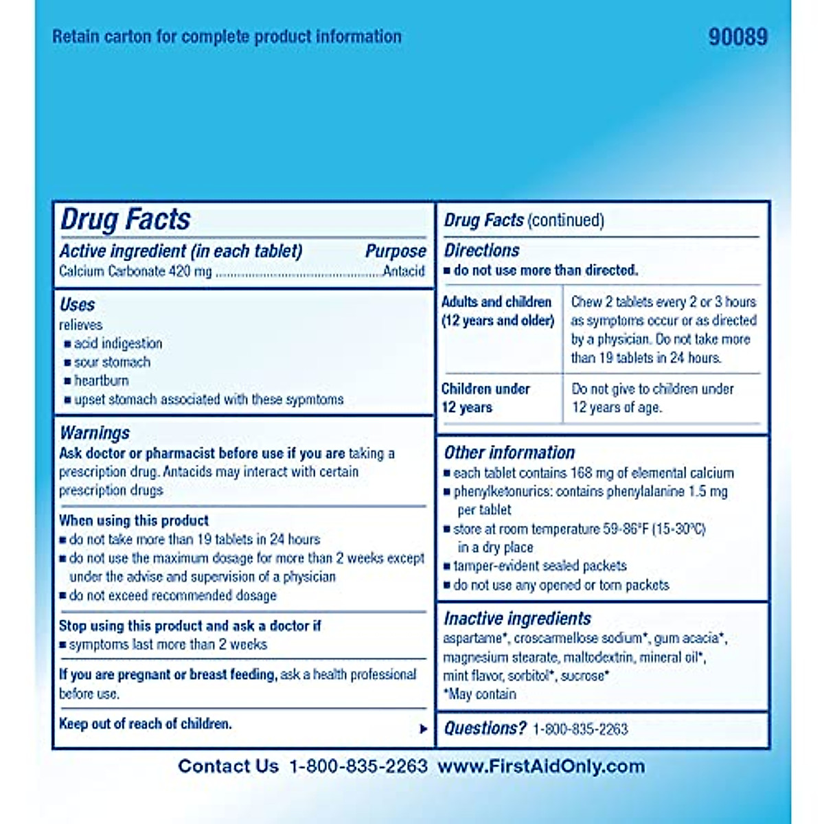 PhysiciansCare Antacid Heartburn Medication (Compare to Tums), 50 Doses of Two Tablets, 420 mg