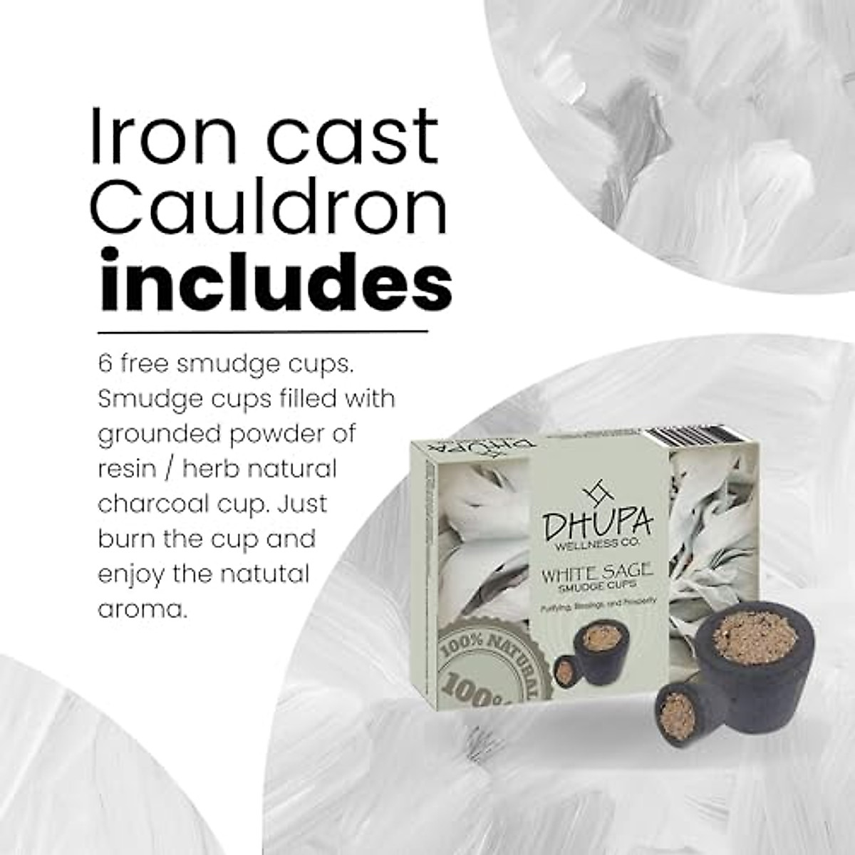 Cast Iron Cauldron with Lid and Carry Handle for Spells, Smudging, Ritual & Blessings | Includes 6 Free Incense Smudge Cups (4.5 Inch, Pentagram)