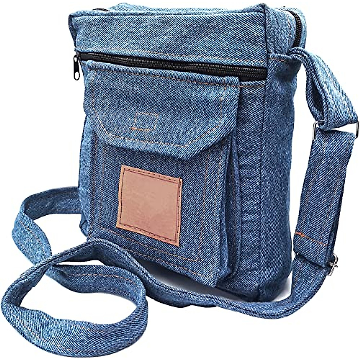 Upcycling Blue Denim Jeans Messenger Cross Body Shoulder Handbag Purse for Unisex