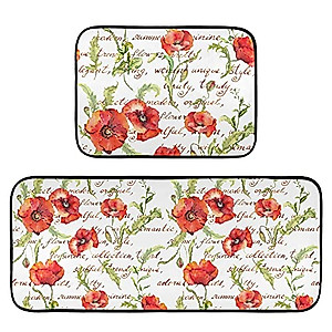 Emelivor Poppy Flowers Summer Kitchen Rugs and Mats Set 2 Piece Non Slip Washable Runner Rug Set of 2 for Kitchen Floor Home Sink Ladunry Office