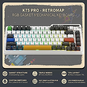 KZZI K75 PRO RGB 75% Wireless Gasket Mechanical Keyboard, Triple Mode BT 5.0/2.4G/USB-C 82 Keys Hot Swappable Gaming Keyboard w/Knob & Power Display, Custom Linear Switches, Black White